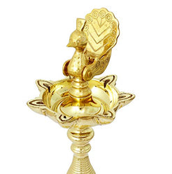 10 Inch Tall - 7 Faced Antique Brass Diya with Peacock / Mayur Design ...