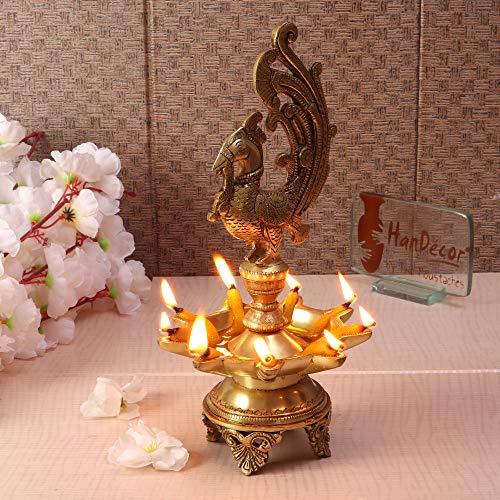 11 Inch Tall - 9 Faced Peacock Design Oil Wick Brass Diya (Golden; Wei ...