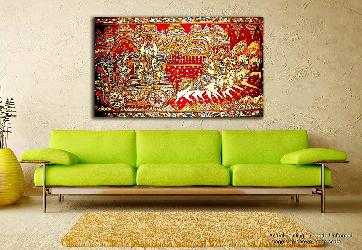 Madhubani Art Canvas Painting - Mahabharat Krishna with Arjun in Chari ...